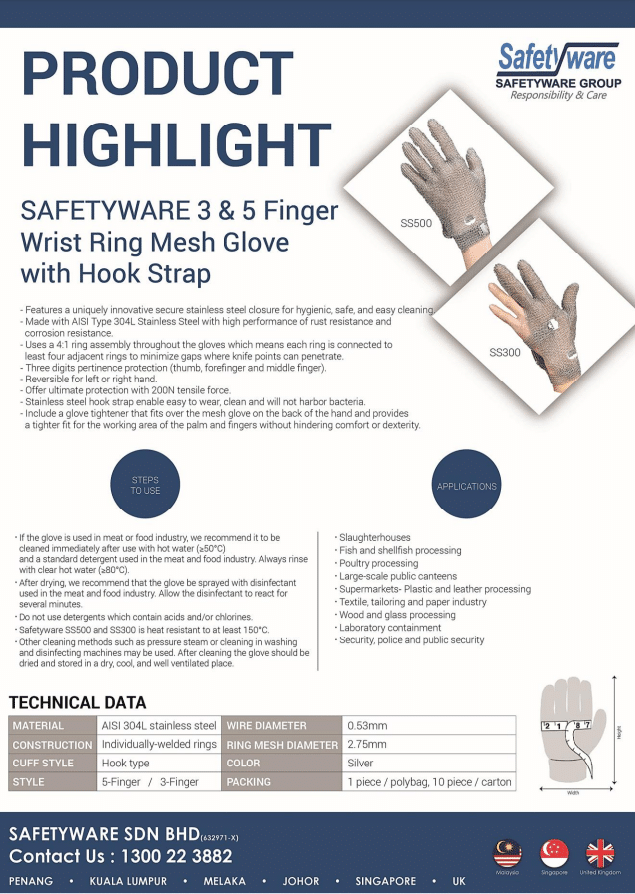 SAFETYWARE 3 & 5 Finger Wrist Ring Mesh Glove with Hook Strap ...
